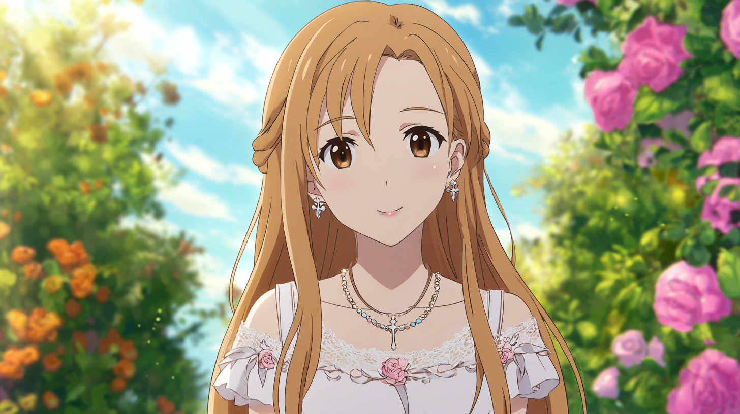 Asuna wears a white lace dress and pink flats, complemented by elegant ...