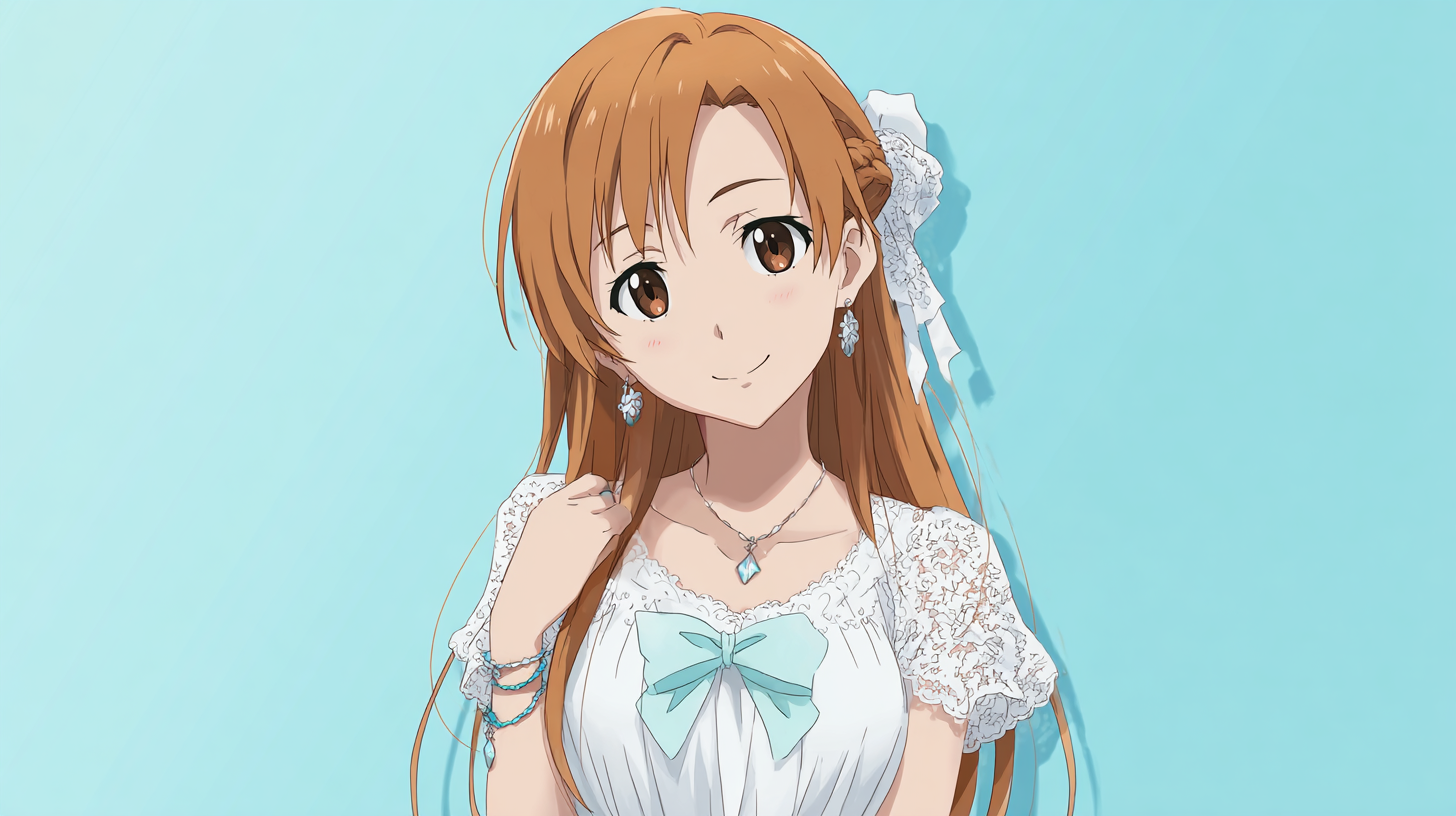 Asuna wears a white lace dress with a light blue bow, complemented by ...